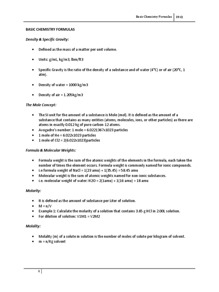 Basic Chemistry Formulas | PDF | Mole (Unit) | Applied And ...