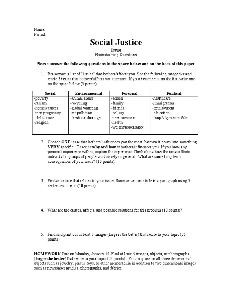 Social Justice Issue Brainstorming Guide | PDF
