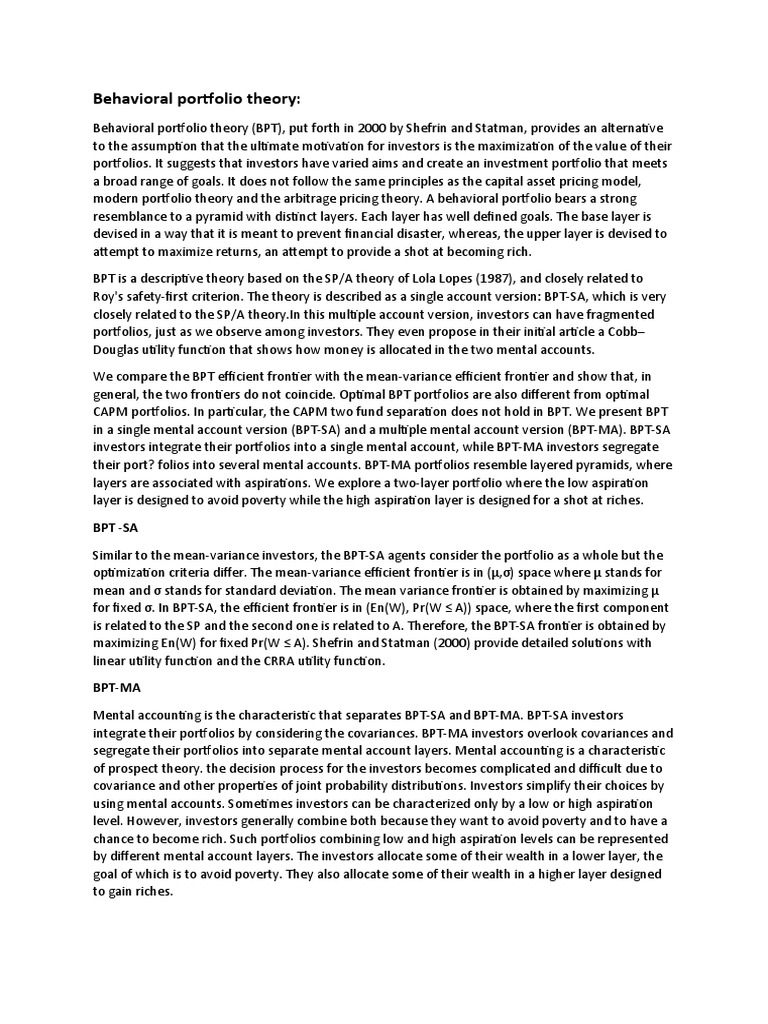 Behavioral Portfolio Theory Download Free Pdf Modern Portfolio