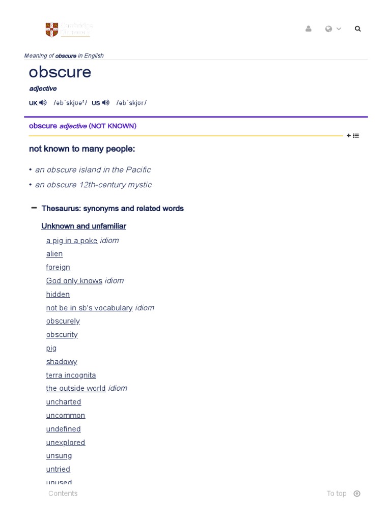 OBSCURE - Meaning in The Cambridge English Dictionary | PDF ...