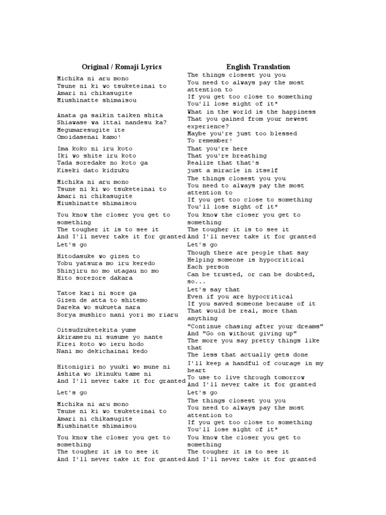 Original / Romaji Lyrics English Translation | PDF