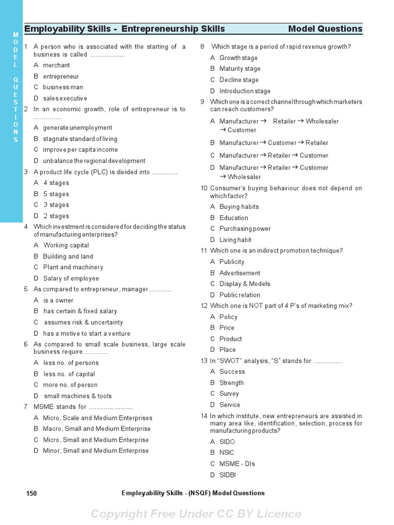 Employability Skills - Entrepreneurship Skills Model Questions | PDF ...