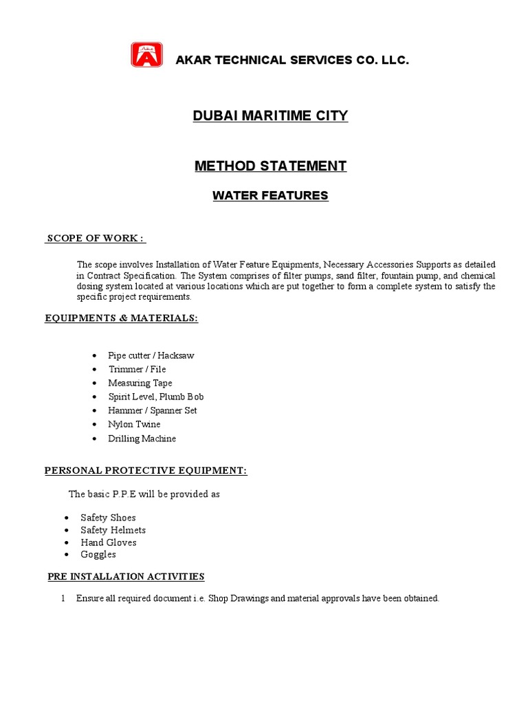 Method Statement for Water Feature Installation | PDF | Pipe (Fluid ...