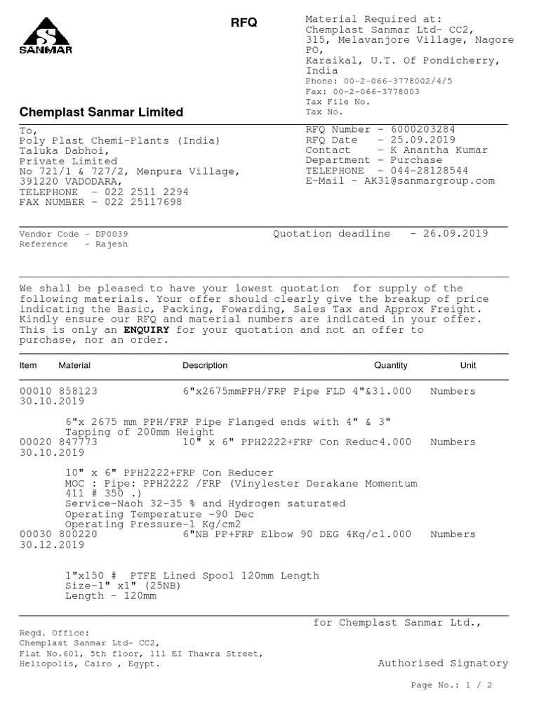 Request for Quotation from Poly Plast Chemi-Plants (India) Private ...