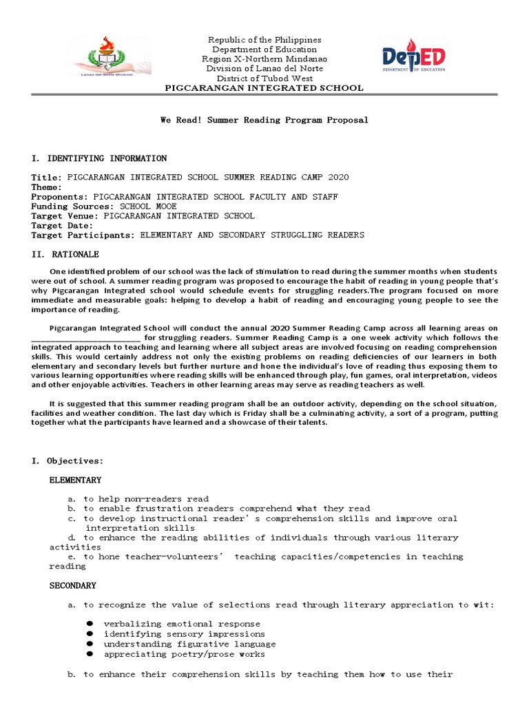 Summer Reading Camp Proposal 2020 | PDF | Reading Comprehension | Learning