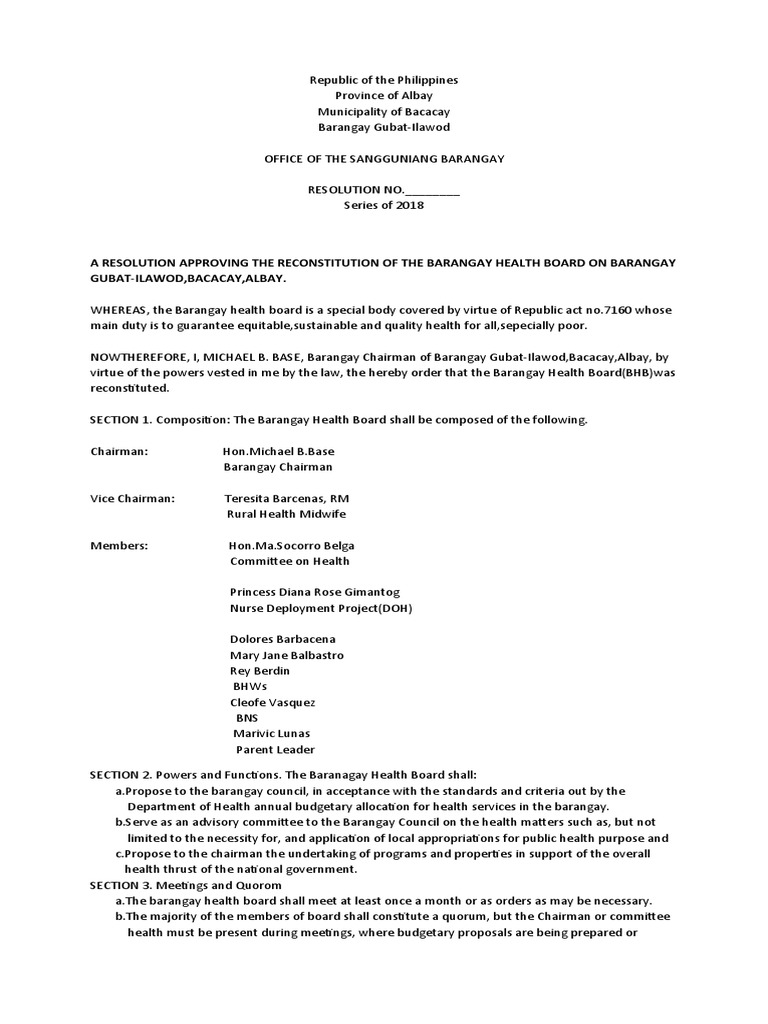 A Resolution Approving The Reconstitution of The Barangay Health Board ...