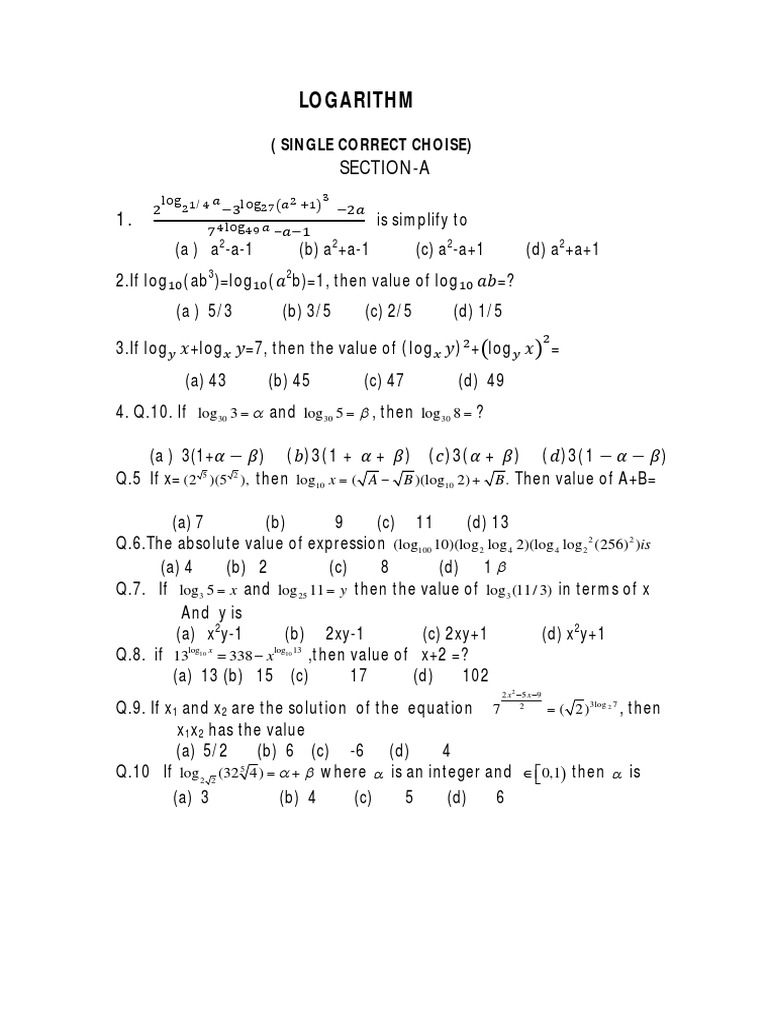 Logarithm: Section-A 1 | PDF | Logarithm | Number Theory