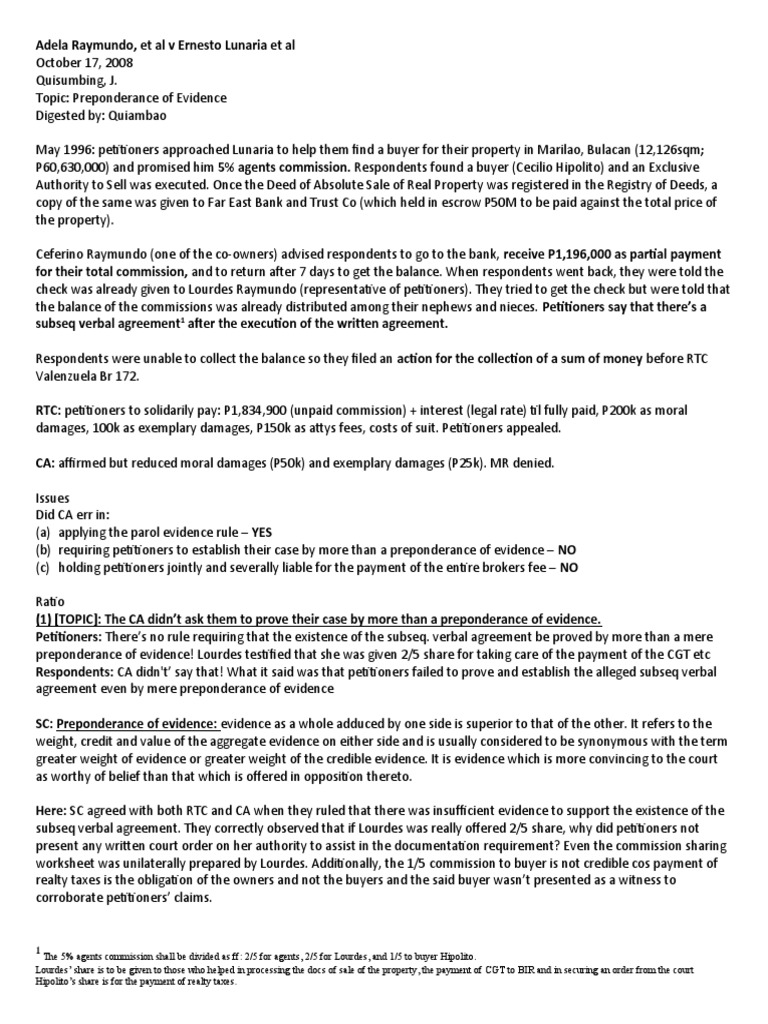Preponderance of Evidence Standard Applied in Brokers Commission Case ...