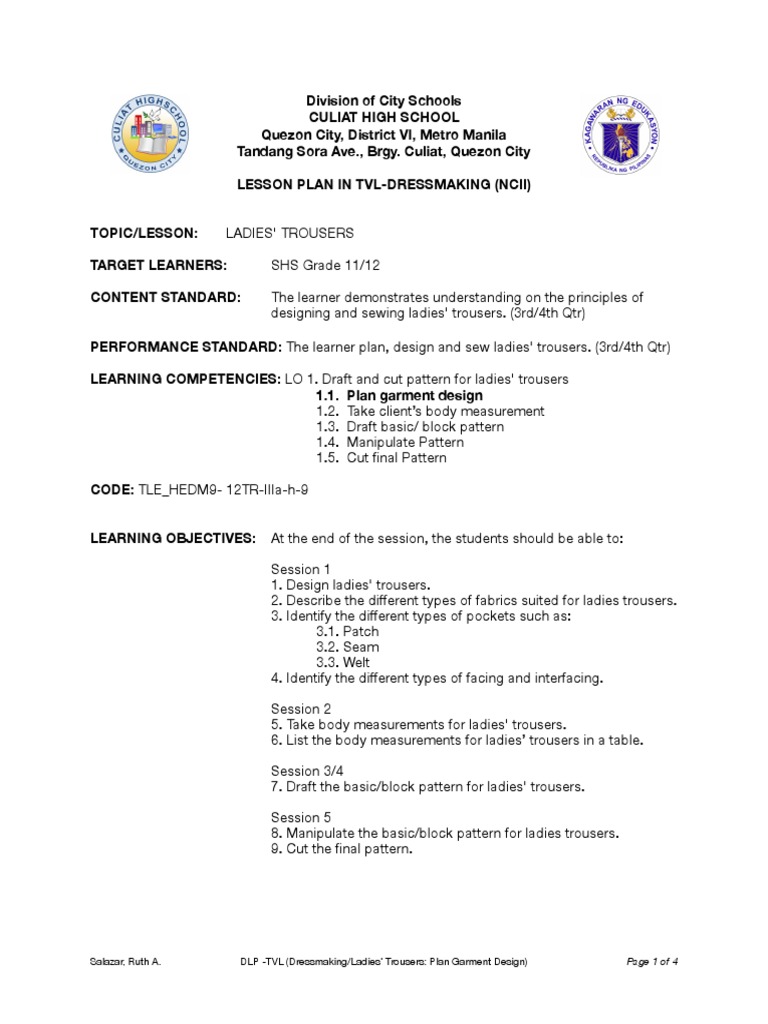 Ladies' Trousers Lesson Plan | PDF | Sewing | Seam (Sewing)