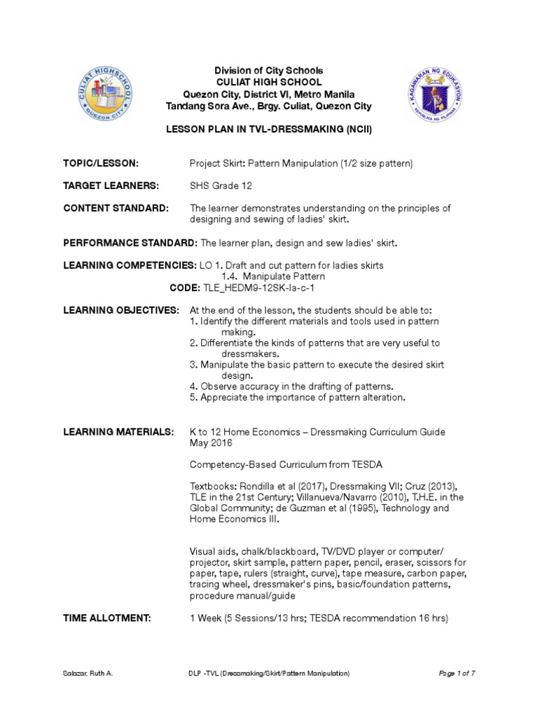 Project Skirt Pattern Manipulation Lesson Plan | PDF | Seam (Sewing ...