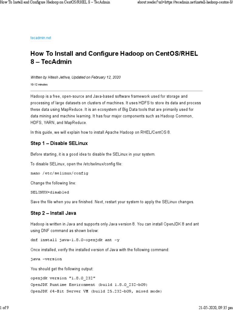 Install Hadoop in RHEL 8 PDF | Download Free PDF | Apache Hadoop | Secure Shell