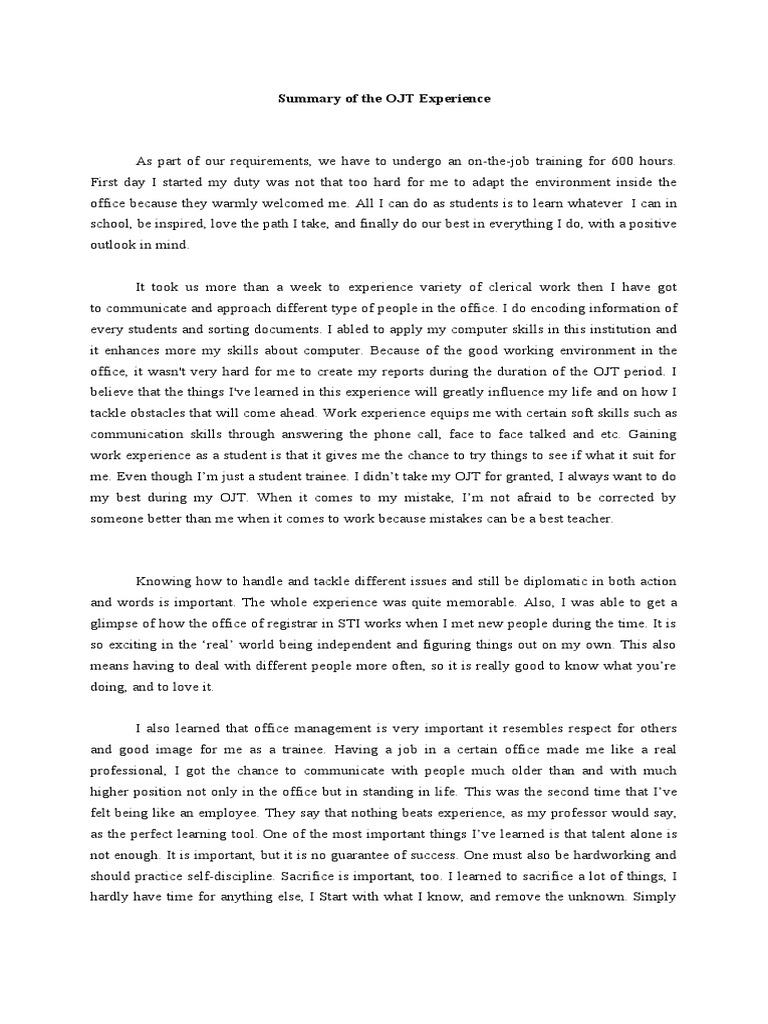 Summary of The OJT Experience | PDF | Cognition | Behavior Modification