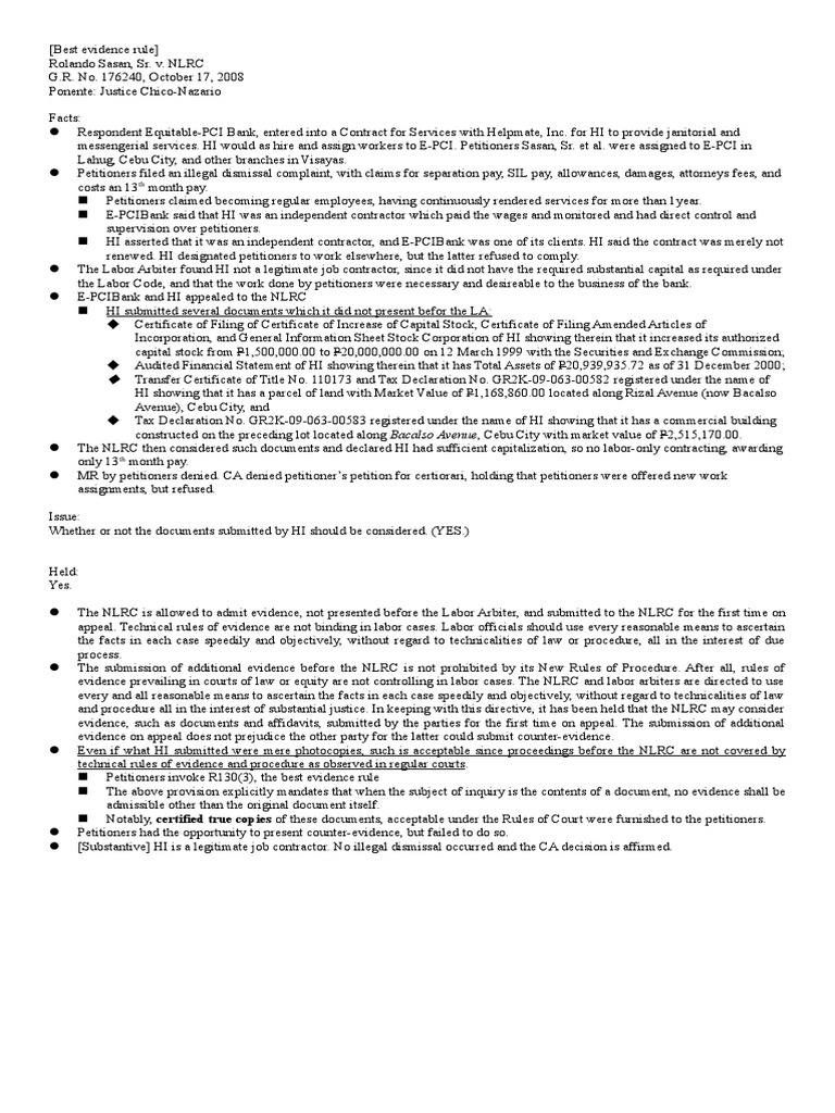 Sasan, Sr. v. NLRC, Case Digest | PDF | Evidence | Independent Contractor
