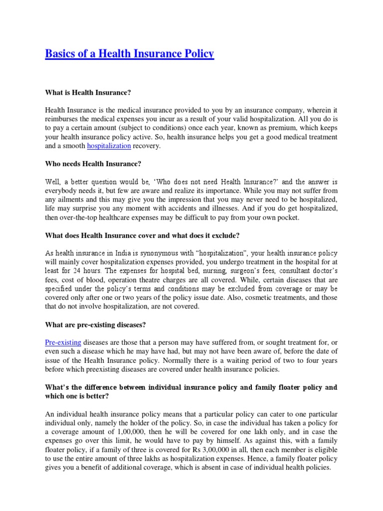 Basics of A Health Insurance Policy | PDF | Insurance | Hospital