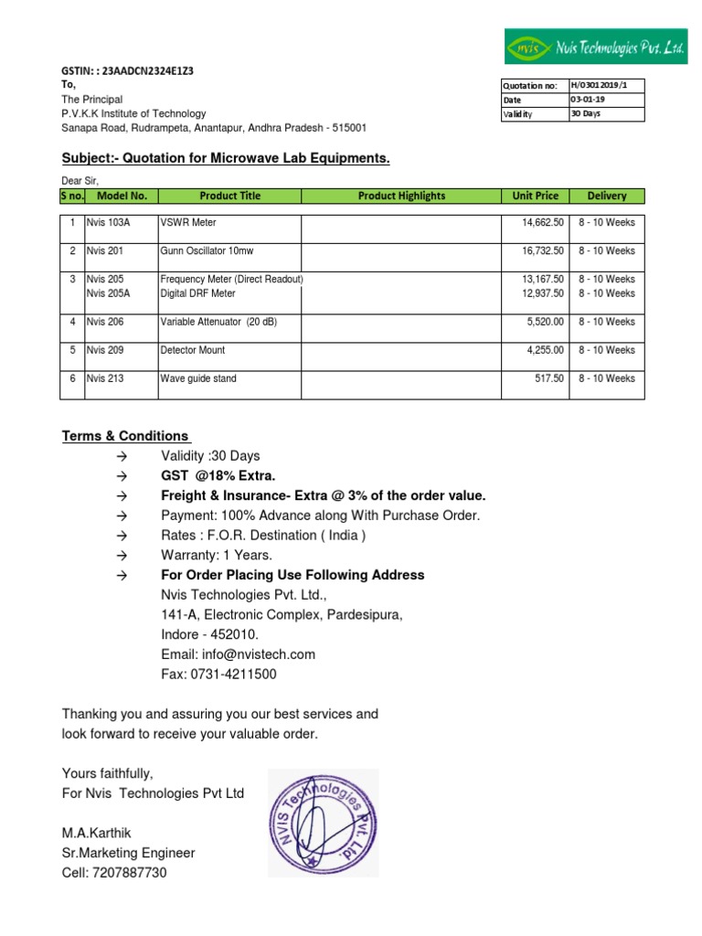 Subject:-Quotation For Microwave Lab Equipments.: GSTIN ...
