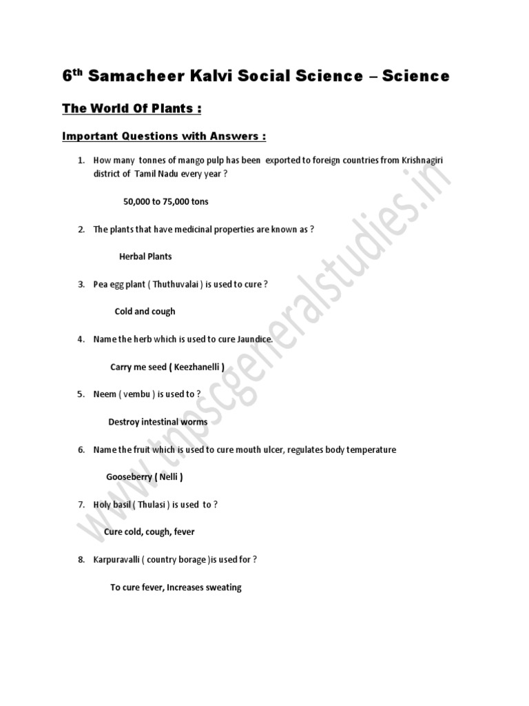 6th Samacheer Kalvi Social Science - Science - The World of Plants ...