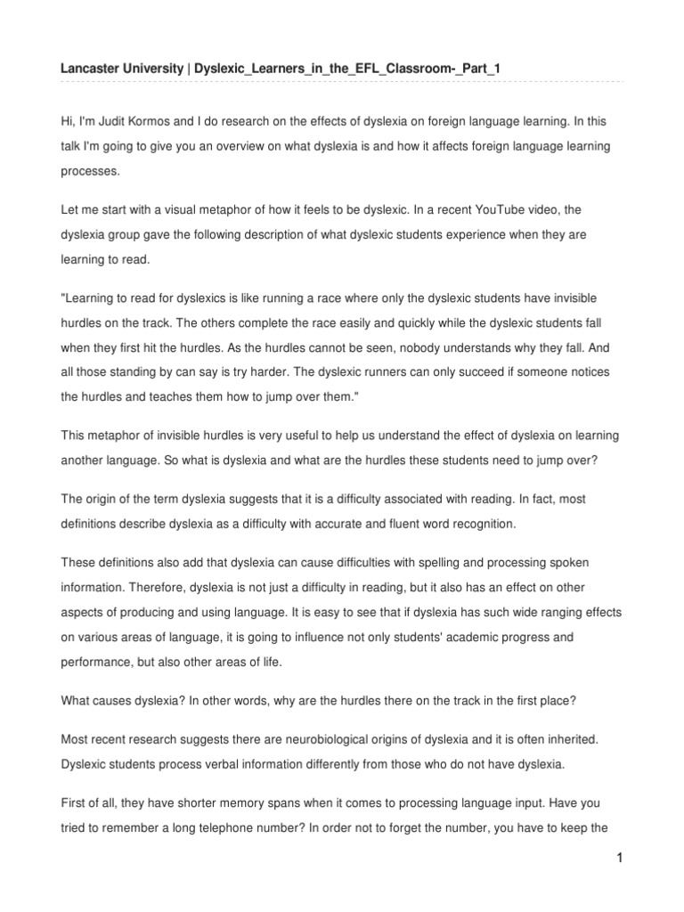 Dyslexic Learners in The EFL Classroom - Part 1 PDF | PDF | Dyslexia | Working Memory