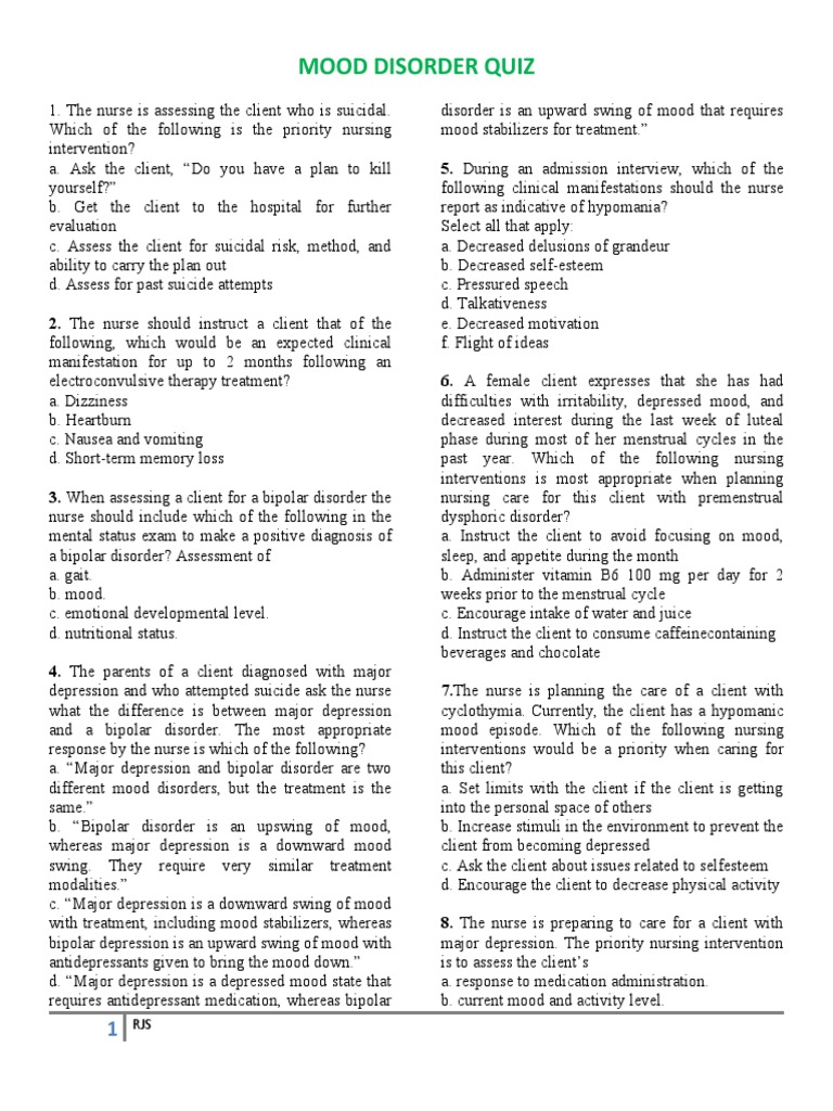 5mood Quiz | PDF | Mood Disorders | Major Depressive Disorder