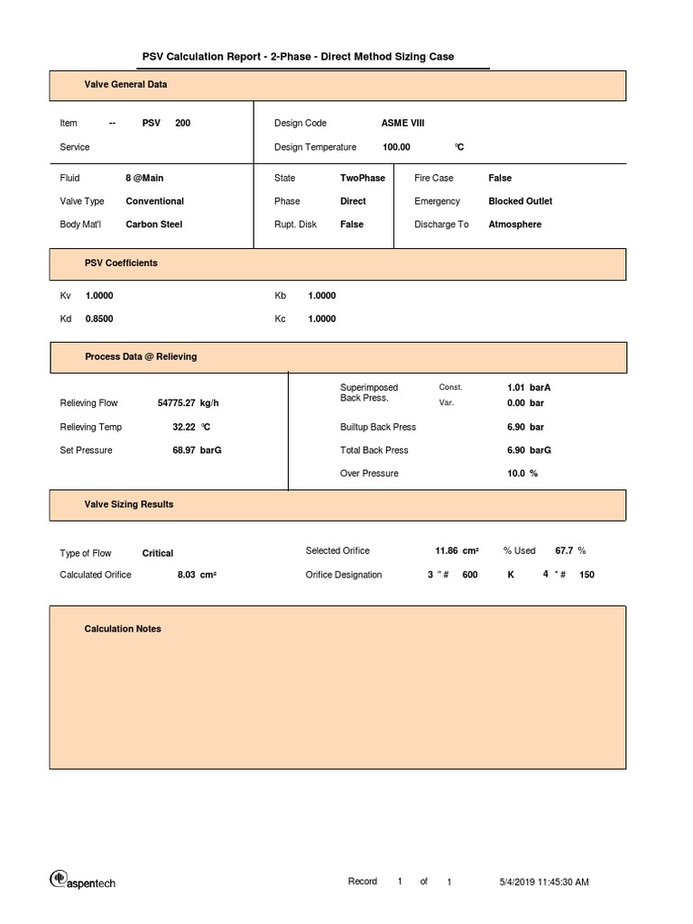PSV Calculation Report for Two-Phase Flow | PDF