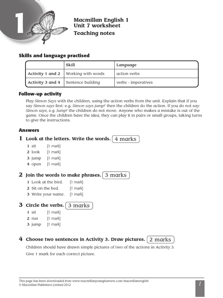 Macmillan English 1 Unit 7 Worksheet Teaching Notes: 4 Marks | PDF ...