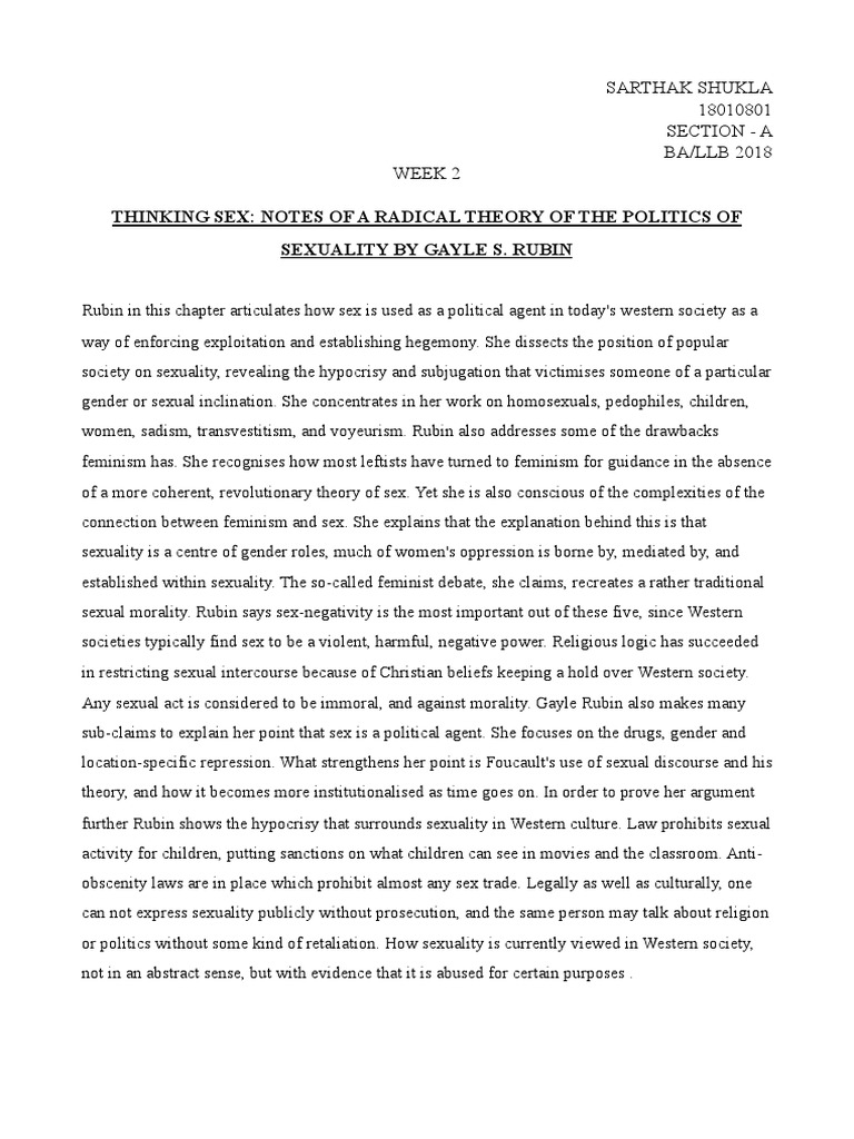 Thinking Sex Notes Of A Radical Theory Of The Politics Of Sexuality By