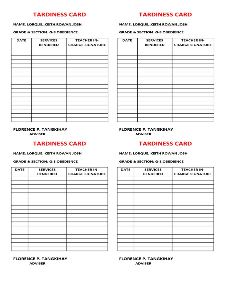 Tardiness Card Tardiness Card: Florence P. Tangkihay Florence P ...