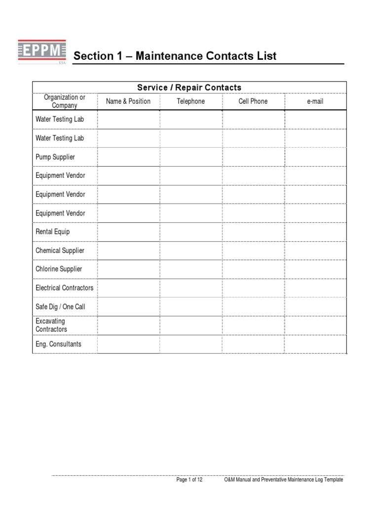 O&M Manual & Maintenance Log Template | PDF | Leak | Pump