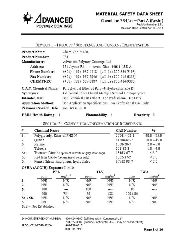 Safety Data Sheet for ChemLine 784/31 Part A (Resin) | PDF ...