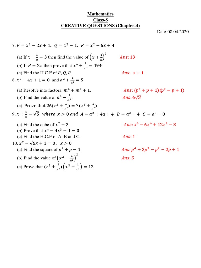 Mathematics Class-8 CREATIVE QUESTIONS (Chapter-4) | PDF | Teaching ...