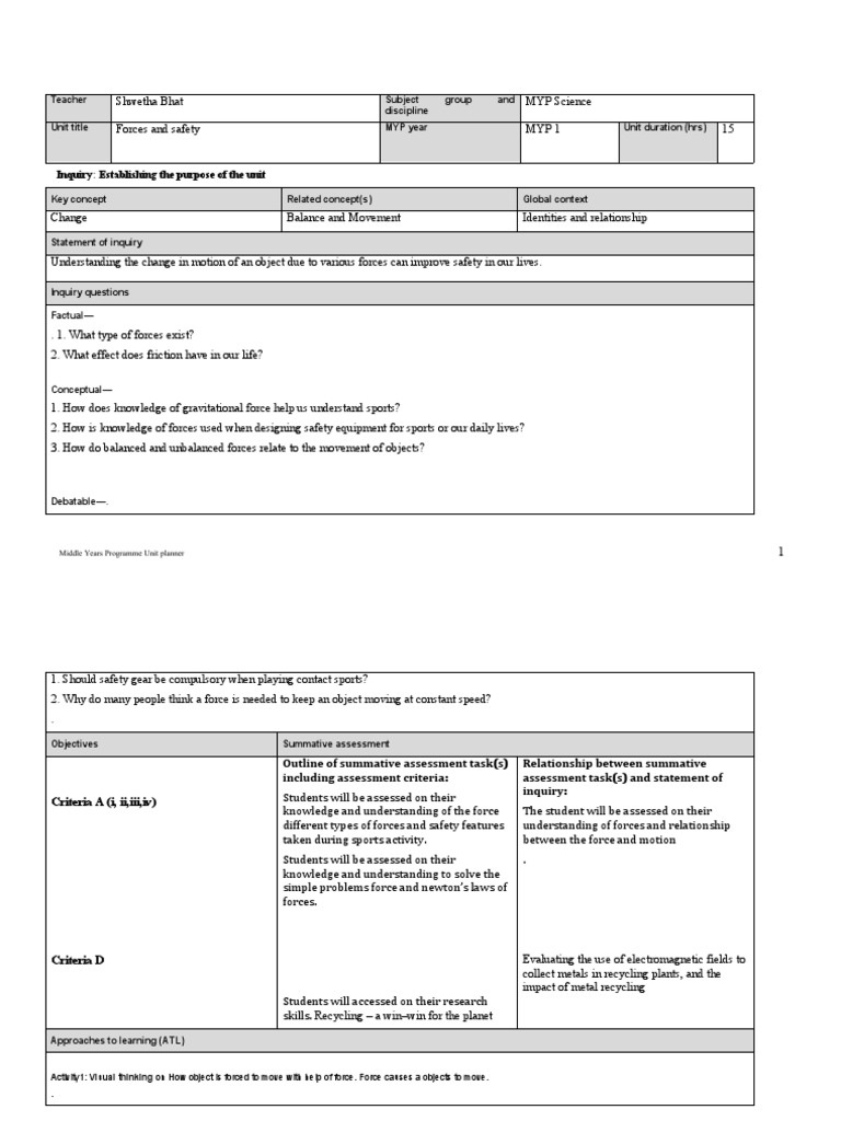 MYP 1 Physics: Forces and Safety Unit | PDF | Friction | Electrostatics