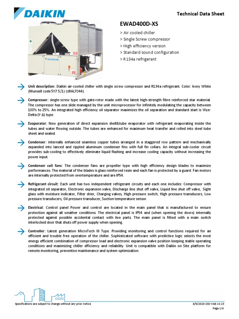 Daikin Air Cooled Liquid Screw Chiller EWAD400D-XS-CUAL | Download Free PDF | Mechanical ...