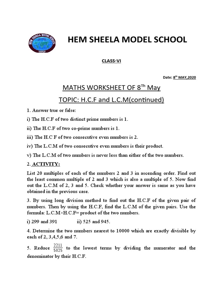 Maths Worksheet, Class-6, 8thmay.2020 | PDF