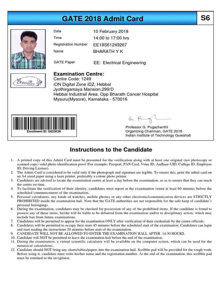 GATE 2018 Admit Card S6: Examination Centre | PDF | Identity Document | Written Communication