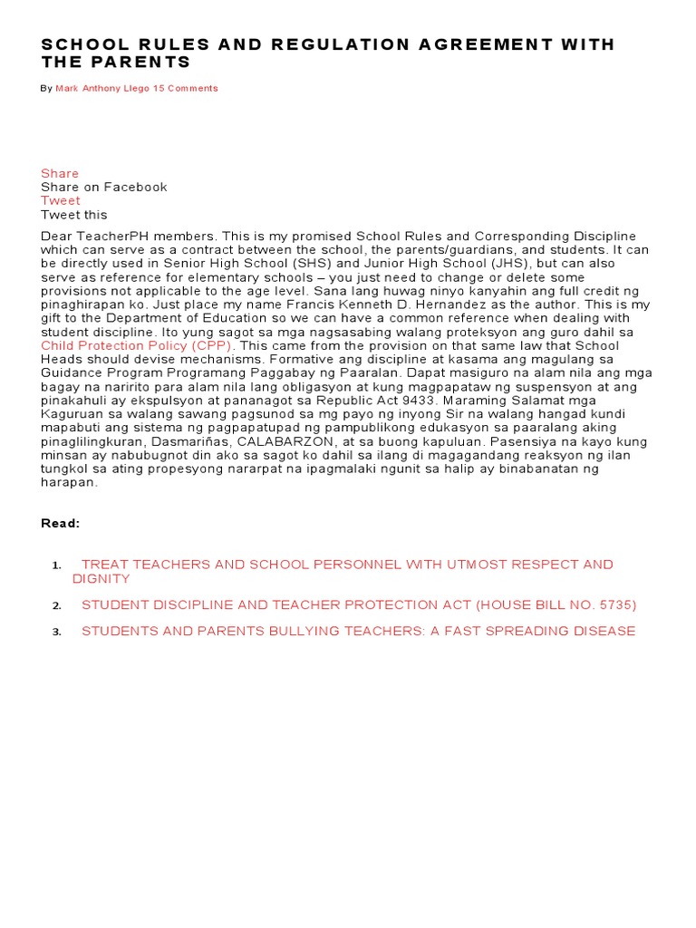 School Rules and Regulations Agreement | PDF | Social Institutions ...