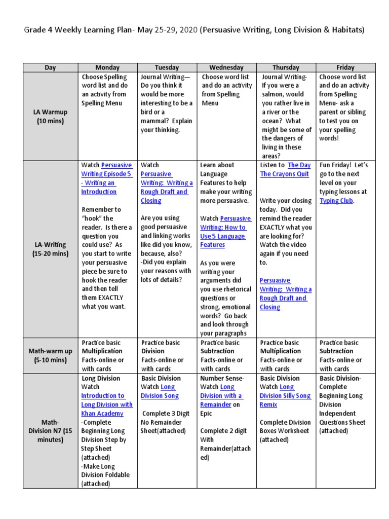 Grade 4 Weekly Learning Plan-May 25-29, 2020 (Persuasive Writing, Long ...