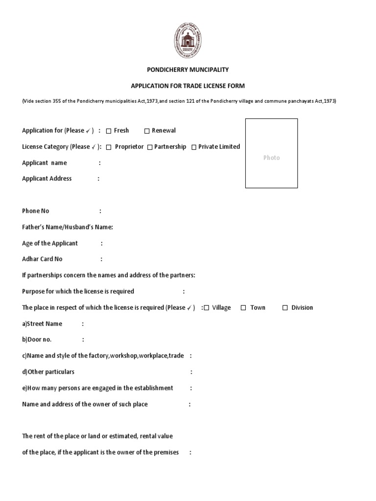 Trade License Application Form - Pondicherry | PDF