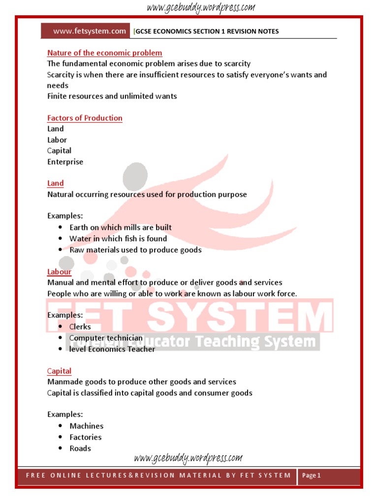 GCSE Economics Revision Notes: Unit 1 | PDF | Factors Of Production ...
