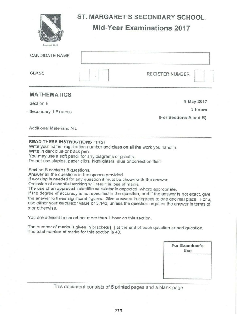 Sec 1 Math SA1 2017 ST Margaret PDF | PDF | Nature