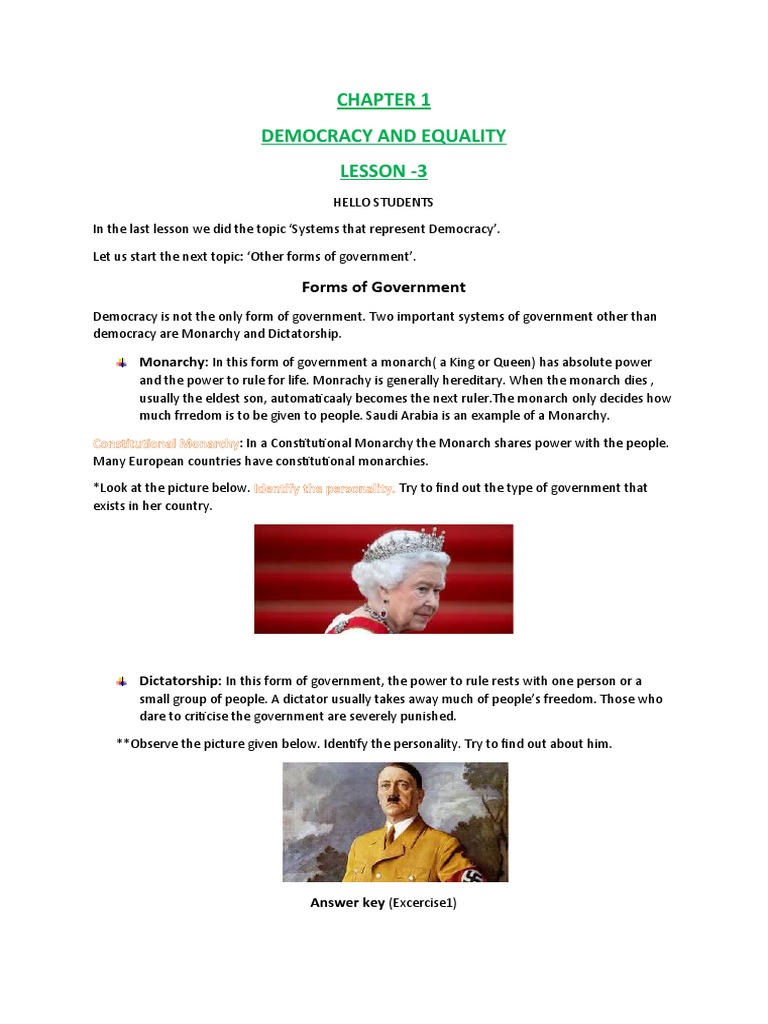 Democracy and Equality Lesson - 3: Forms of Government | PDF | Monarchy ...