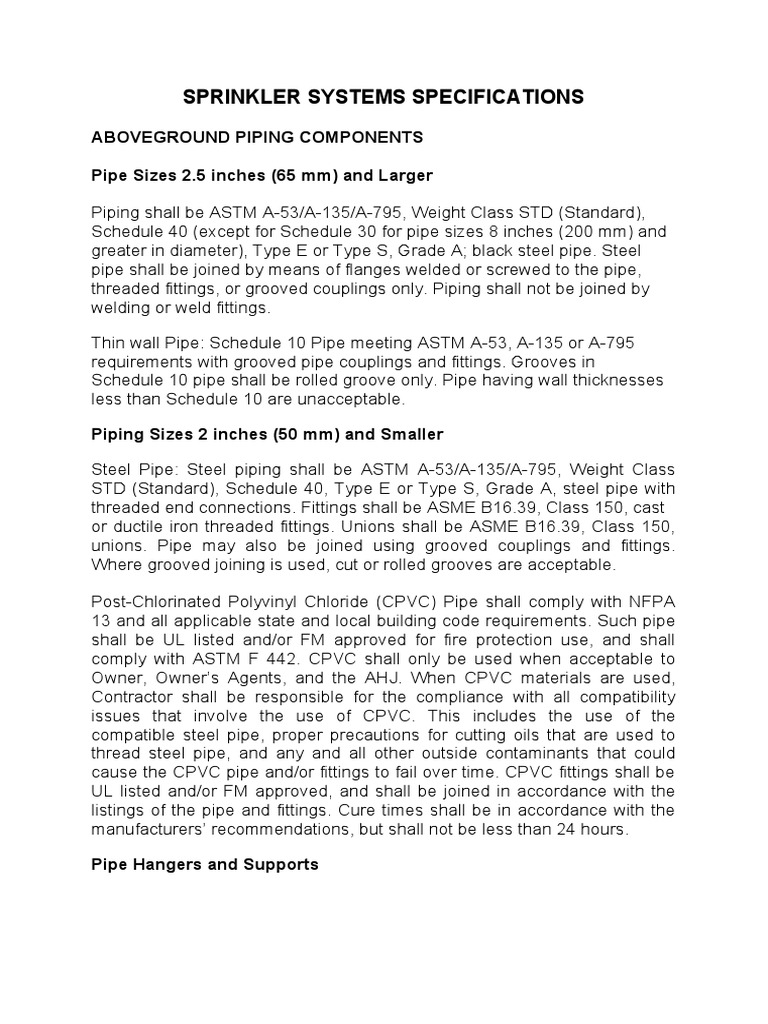 Sprinkler Systems Specifications: Aboveground Piping Components Pipe ...