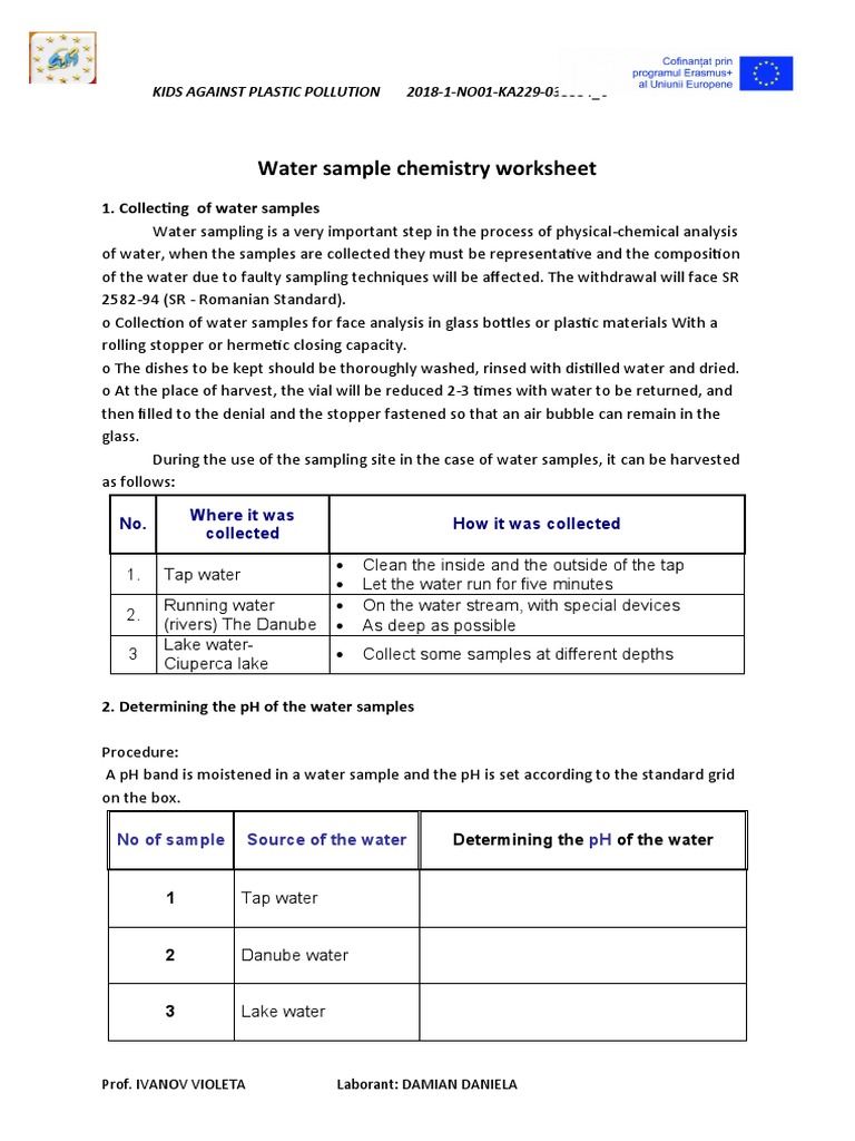 Water Sample Chemistry Worksheet: 1. Collecting of Water Samples | PDF ...