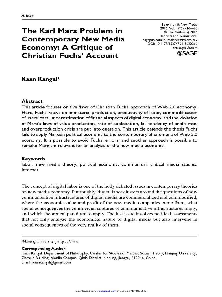 The Karl Marx Problem in Contemporary New Media Economy: A Critique of ...