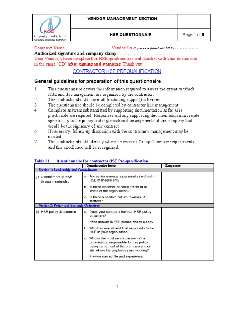 HSE Questionnaire | Occupational Safety And Health | Hazards