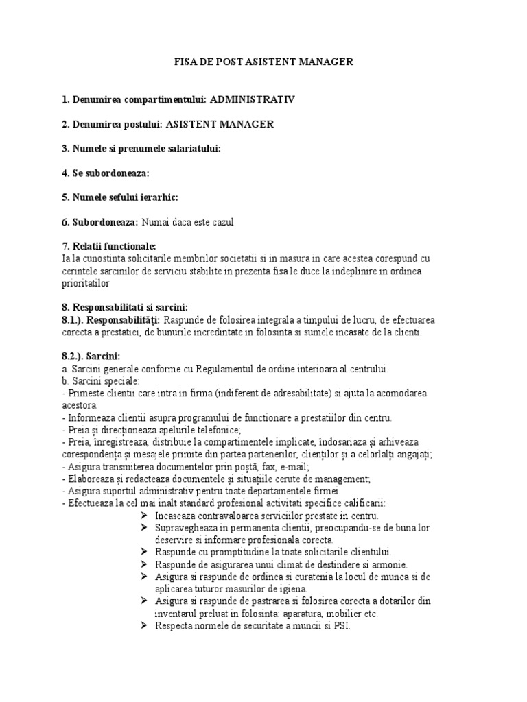 Fisa de Post ASISTENT MANAGER - Apollo - Odt | PDF