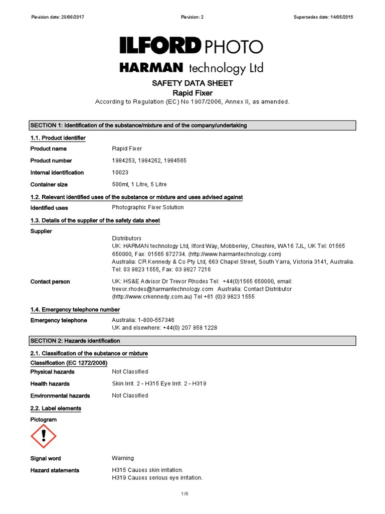 Safety Data Sheet Rapid Fixer: According To Regulation (EC) No 1907/ ...