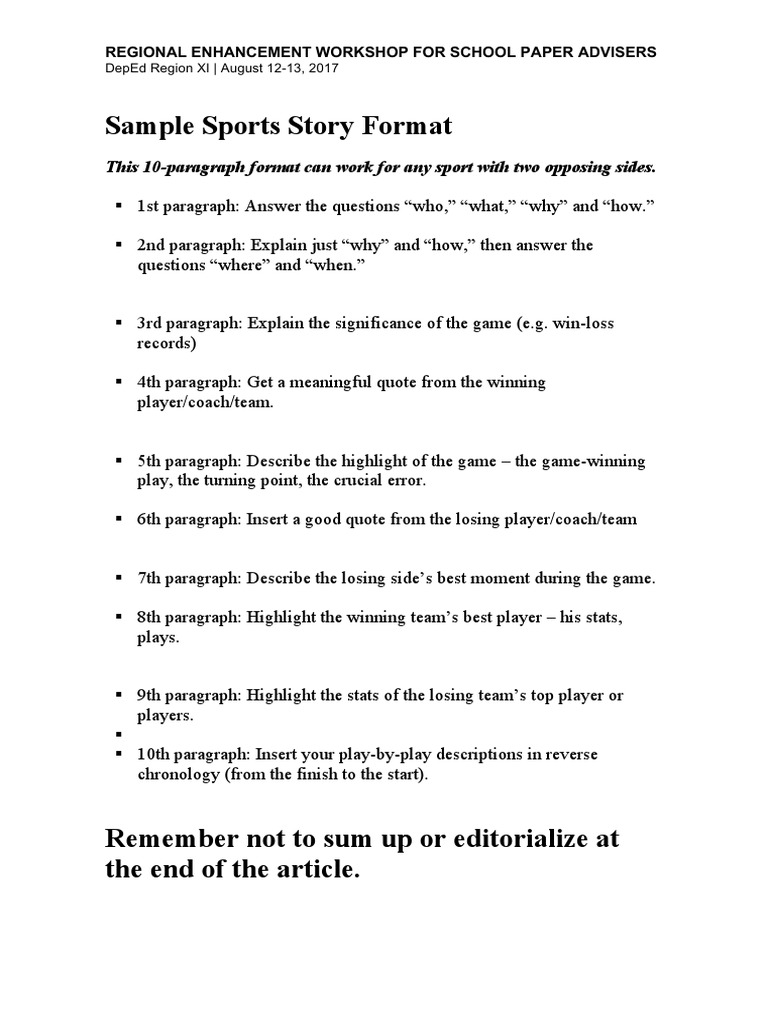 Sample Sports Story Format: This 10-Paragraph Format Can Work For Any ...