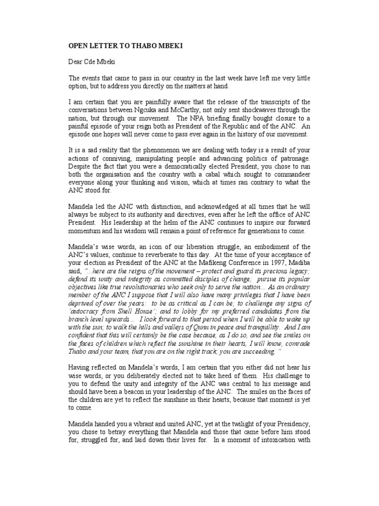 Open Letter To Thabo Mbeki | PDF | Nelson Mandela | African National Congress