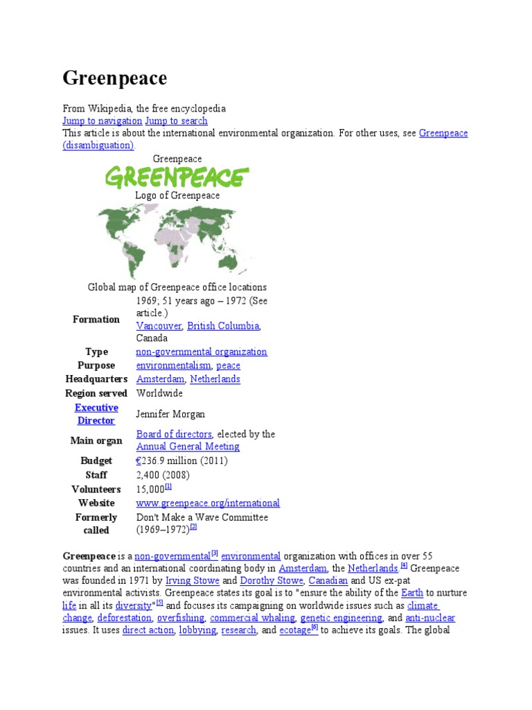 Greenpeace: Formation Type Purpose Headquarters Region Served Worldwide ...