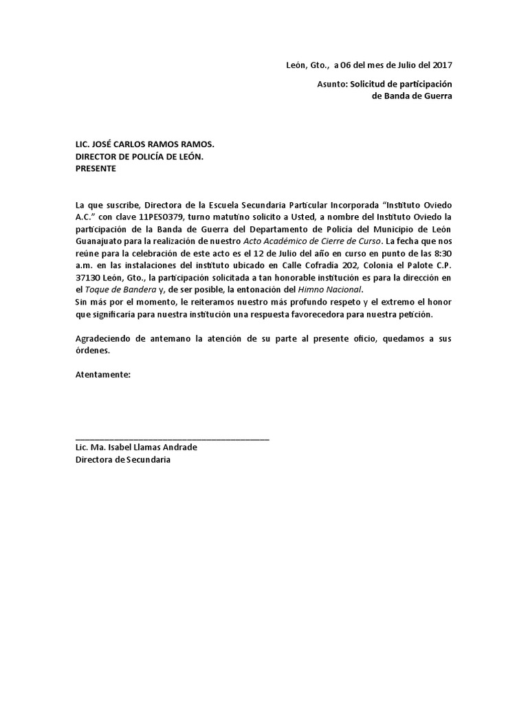 Oficio para Petición de Asistencia de Banda de Guerra | PDF | Ciencias sociales