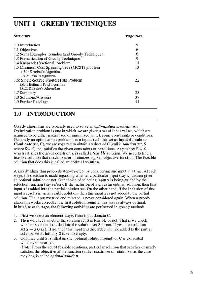 Unit 1 Greedy Techniques: Structure Page Nos | PDF | Mathematical Optimization | Vertex (Graph ...